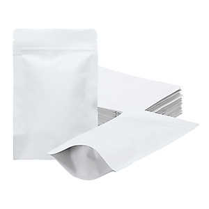 uxcell 50pcs Kraft Stand Up Pouches Sealable Paper Bags Foil Resealable Seal Pouches Packaging Zipper Bags for Food Storage Sample Package, White, 3.5x5.5 Inch