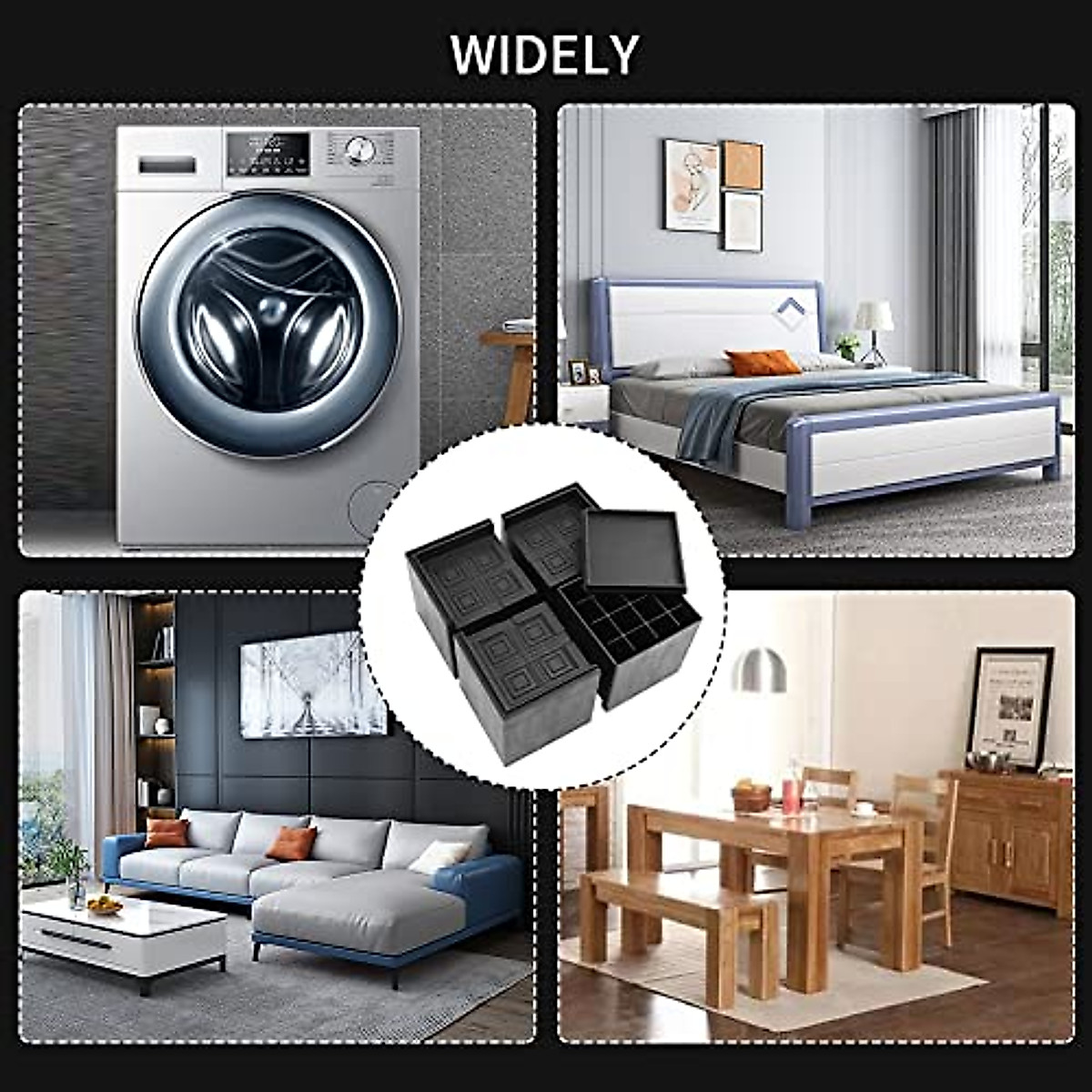 SELOTOKITER 4pcs Bed Risers,Heavy Duty Square Bedding Adjustable Bed Furniture Risers,L-Shaped Furniture Legs,Suitable for Beds,Sofas,Tables,Cabinets,Washing Machines,Refrigerators(Black)