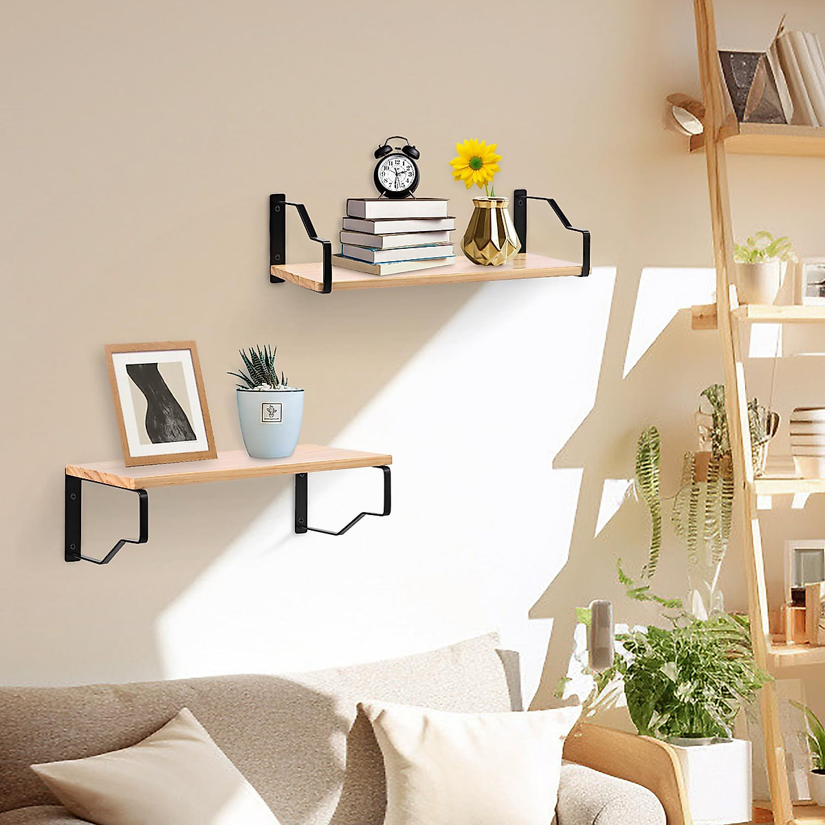 DEMSFIA Floating Shelves for Wall, Small Wood Wall Mounted Bookshelf Set of 2 for Living Room, Office, Bedroom, Kitchen, Bathroom Storage, Solid Pin Wood 17.3" x 7.4"