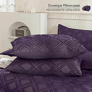 JELLYMONI Purple Duvet Cover Twin Size - 3 PCS Microfiber Tufted Duvet Cover Set, Boho Textured Duvet Cover Jacquard Rhombus Geometric Pattern Duvet Cover with Corner Ties & Zipper Closure