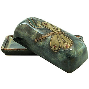 Mara Stoneware Collectible Butter Dish - Mexican Pottery - Blue with Dragonfly Design