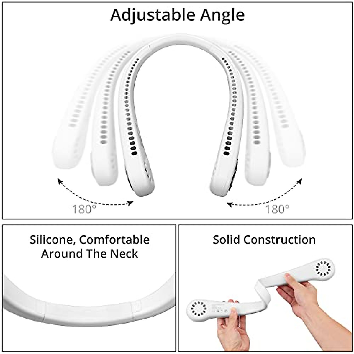 Justech Bladeless Neck Fan, USB Rechargeable Portable Neck Fan, Max. 6 Working Hours, 3 Speeds, Low Noise, Headphone Design, Hand-Free Neck Fan-White