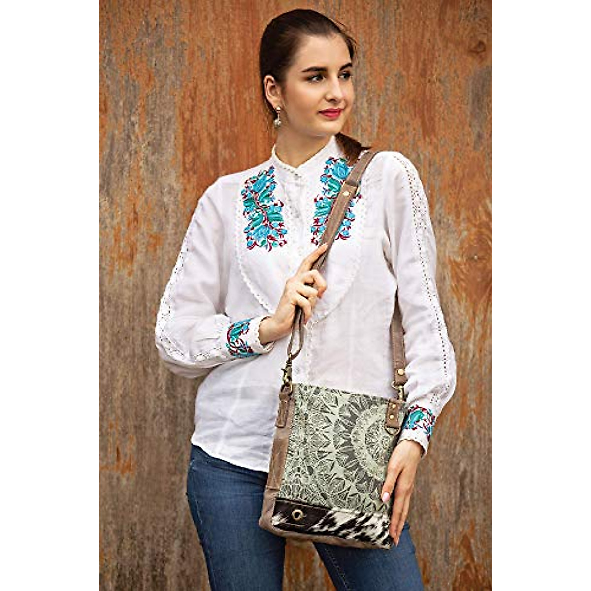 Myra Bag Verdant Upcycled Canvas & Cowhide Leather Shoulder Bag S-1209