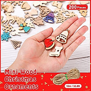 200 Pieces Christmas Unfinished Mini Wooden Ornaments Halloween Thanksgiving DIY Mini Wood Blank Cutouts with Storage Box and Twine for Christmas Tree Hanging Crafts Xmas Decorations