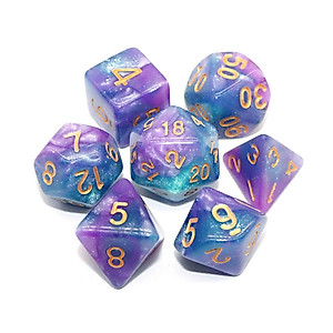 DND Dice Polyhedral 7-Die Dice Set for D&D Dungeons & Dragons Role Playing Gaming Night Sky dice with Glitter Purple Green…