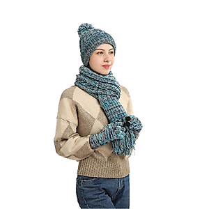 3 in 1 Winter Beanie Hat Neck Warm Scarf and Touch Screen Gloves Set for Women and Men,Knit Cap Set