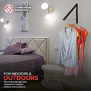 Stock Your Home Single Foldable Clothing Rack, Wall-Mounted Retractable Clothes Hanger for Laundry Dryer Room, Hanging Drying Rod, Small Collapsible Folding Garment Racks, Dorm Accessories (Black)