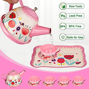 Kids Tea Set for Little Girls, Princess Tea Party Set for Toddlers Tea Time Pretend Toy with Metal Teapots Cups Plates Coasters Spoons Carry Case, Kids Kitchen Pretend Play Toys for Girls Age 3 4 5 6