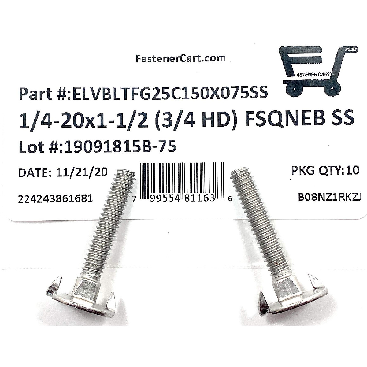 (10) 1/4-20x1-1/2 Stainless Steel Fanged Elevator Bolt Square Neck (3/4 Diameter Head) 18-8