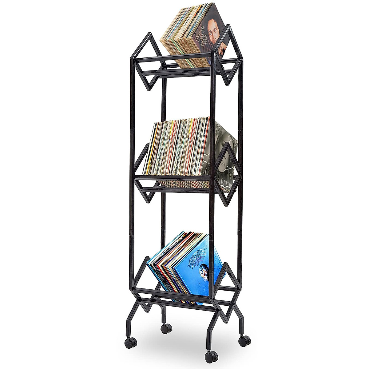 ERFEI Vinyl Record Storage Rack 3 Tier Vinyl Holder Multipurpose Book Magazine Files Display Stand with Casters for Bedroom Living Room Office
