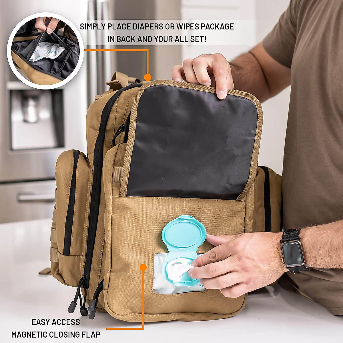 Tan Dad Diaper Bag - Molle-Style Military Diaper Backpack Made of Rugged 900D Waterproof Polyester with Wider Extra-Long Straps, Pouch for Dirty Diapers, Baby Wipes Dispenser & Insulated Pockets