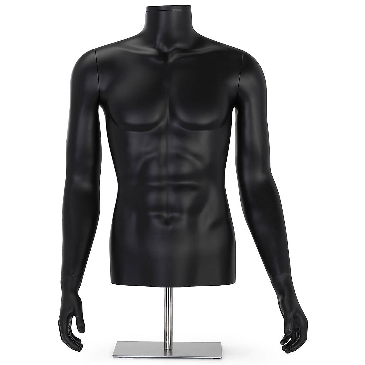 Displays2go Headless Male Torso Mannequin with Metal Base, Removable Arms - Matte Black (SMMMATBA)