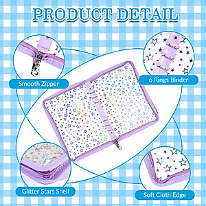 NEWEST A5 Budget Binder Cover with Zipper for Cash Budget System, Glitter Stars A5 6 Ring Binder Planner, Clear PVC Refillable Notebook Shell for Journal Albums Diary School Office Supplies, Purple