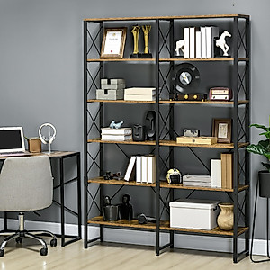 HOMCOM Bookshelf, Tall Industrial Bookcase with 6 Shelves, 5-Tier Storage Rack with Steel Frame, 53.25" Wide Display Rack, X-bar for Living Room, Home Office, Rustic Brown