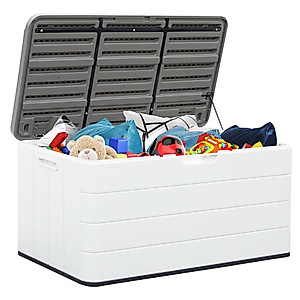 ADDOK Large Outdoor Storage Deck Box Waterproof, Resin Patio Storage for Outdoor Pillows, Garden Tools and Pool Toys, Lockable (Off-white)