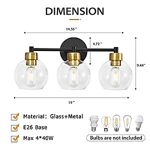 yenlacy Bathroom Light Fixtures, Black and Gold 3 Light Bathroom Vanity Light, Bathroom Lights Over Mirror with Globe Glass Shade and Metal Base, Vanity Lights for Bathroom, Stairs, Kitchen