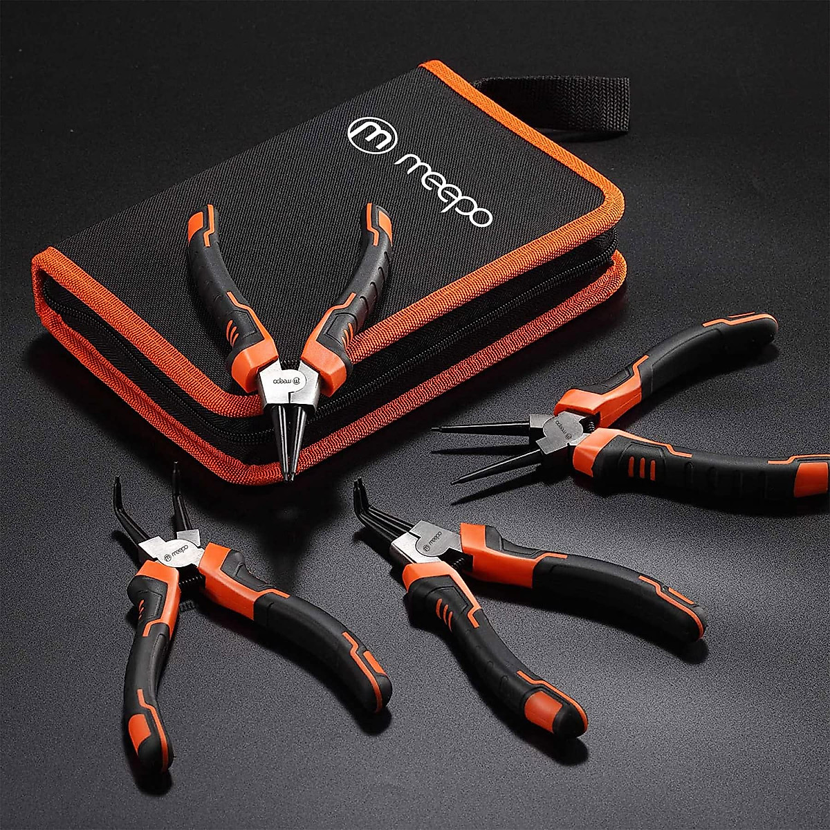 M MEEPO Snap Ring Pliers Set, Heavy Duty 4-piece 7-Inch Internal External Circlip, Straight Bent C-clip Pliers Lock Pliers, 5/64" Tip, for Ring Remover Retaining, with Portable Pouch