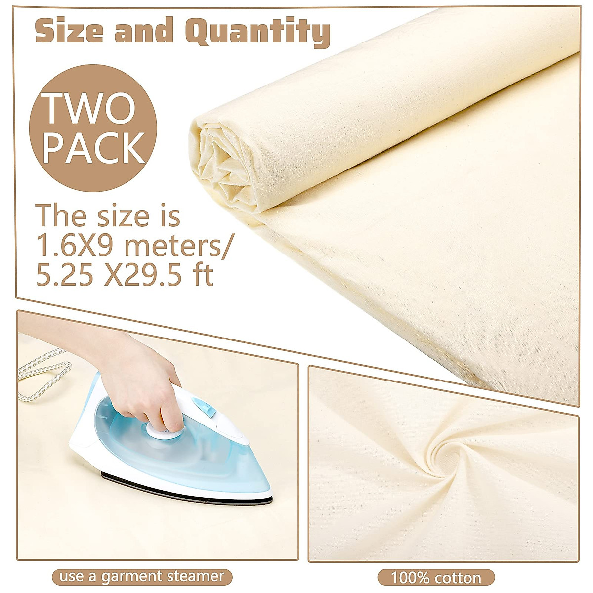 2 Pack 10 Yards Muslin Fabric, Unbleached Cotton Fabric by The Yard, Each 63 Inches x 10 Yards, Natural Textile Unbleached Fabric for Painting, Sheets, Curtains, Crafts, Backdrops