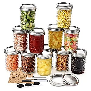 12 Pack Mason Jars 8 oz with Airtight Lids, Glass Regular Mouth Canning Jars, Small Quilted Crystal Jars for Jelly, Jam, Overnight Oats, Meal Prep