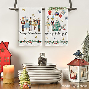 Artoid Mode Nutcrackers Xmas Balls and Trees Merry Christmas Kitchen Towels Dish Towels, 18x26 Inch Snowflakes Decoration Hand Towels Set of 2