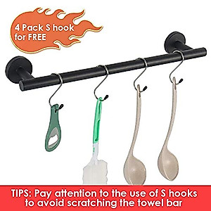 TocTen 16 inch Towel Rack for Bathroom + 4 Pack Towel Hooks Wall Mounted, Made of Thicken SUS304 Stainless Steel Material (Matte Black)