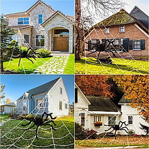 Giant Halloween Spider Web Decoration Large Spider Web for Outside House Fake Triangular Spider Web 17Feet Big Spider 59" and 20g Stretchable Spider Cobweb for Outdoor Yard Lawn Wall Home Porch House