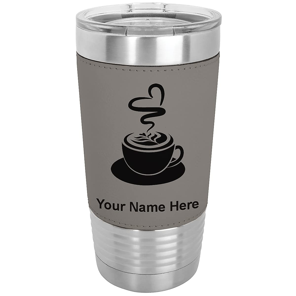LaserGram 20oz Vacuum Insulated Tumbler Mug, Cup of Coffee, Personalized Engraving Included (Faux Leather, Gray)