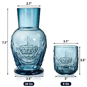 YOUEON 25 Oz Bedside Water Carafe and Glass Tumbler Set, Vintage Water Carafe with Glass Cup for Nightstand, Glass Mouthwash Bottle, Clear Juice Pitcher for Kitchen, Bedroom, Bathroom, Blue