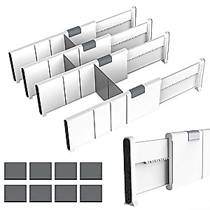 FEXIA 4 Pack Drawer Organizers for Clothing Drawer Dividers 4" High Expandable 11"-17" Adjustable Separators with 8 Inserts Locks in Place for Kitchen Dressers Bedroom Bathroom Home Office Storage