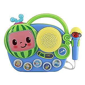 eKids Auxiliary Cocomelon Toy Singalong Boombox with Microphone for Toddlers, Built-in Music and Flashing Lights, Fans of Cocomelon Gifts