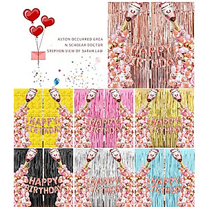 Rose Gold Birthday Decorations for Women, Include Happy Birthday Banner, Rose Gold Champagne Balloon Garland Arch Kit and 2Pcs Rose Gold Fringe Curtain