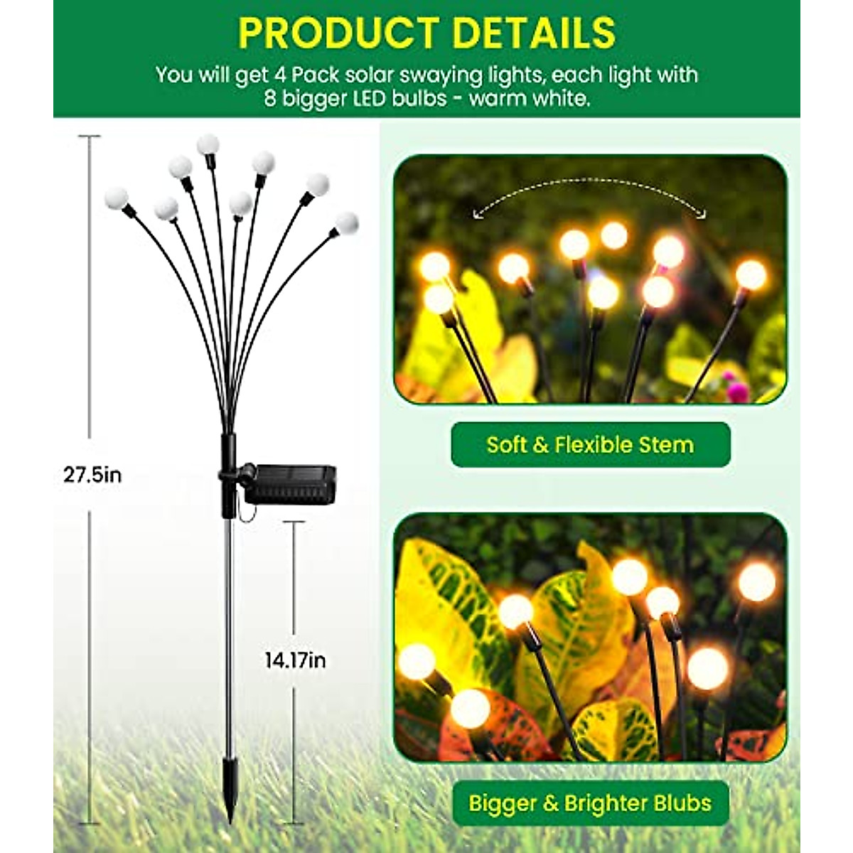 NEEMO Solar Garden Lights 4 Pack - Upgraded Brighter Firefly Lights Solar Outdoor with 8 LED, Swaying and Dancing, Solar Outdoor Lights, Pathway Lights Solar Powered for Yard Garden Patio (Warm white)