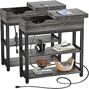 Aheaplus Sofa Side Table with USB Ports and Outlets, Narrow End Table Set of 2 with Charging Station, Bedside Nightstand with Storage Shelves, Slim Side Table，Black Oak