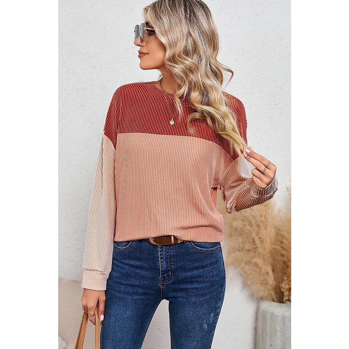 Dokotoo Women's Pullover Shirts Long Sleeve Knit Tees Shirts High Neck Color Block Tunics Blouses Ladies Casual Sweatshirt Womens Fall Fashion 2025 Red X-Large