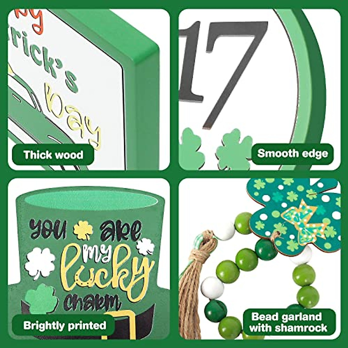 HARZBEKE St Patricks Day Decorations, 5Pcs St Patricks Day Tiered Tray Decor Set, lrish Shamrock Wooden Signs Plush Gnome, Farmhouse Bead Garland Tiered Tray Decor, St Patricks Day Decor for Home