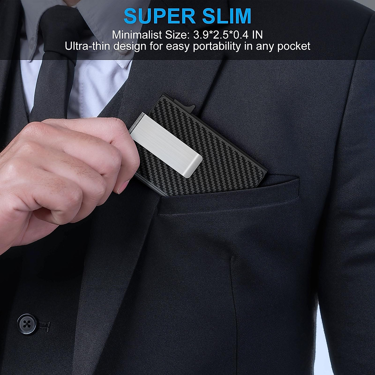 Minimalist Wallet for Men - with Money Clip, Slim Wallet Card Case Holder, Aluminum Pop Up Wallets with Gift Box, Metal Mens Wallet, RFID Blocking, Top-Grade Carbon Fiber Leather | 8 Card Capacity