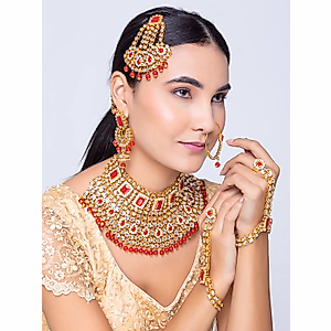 Steorra jewels Traditional Wedding Indian Bollywood Bridal Jewelry Set | Red Long Choker | Necklace, Earrings, Maang Tikka, Nath Paasa & Hath Phool in Faux Kundan Beads