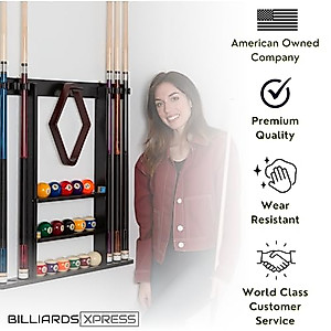 Pool Cue Rack - Pool Stick Holder Wall Mount With 16 Ball Holders & 6 Pack Of Chalk - Rubber Circle Pads & Large Clips Prevent Damage - Compact Billiard Table Accessories For Man Cave (Black)