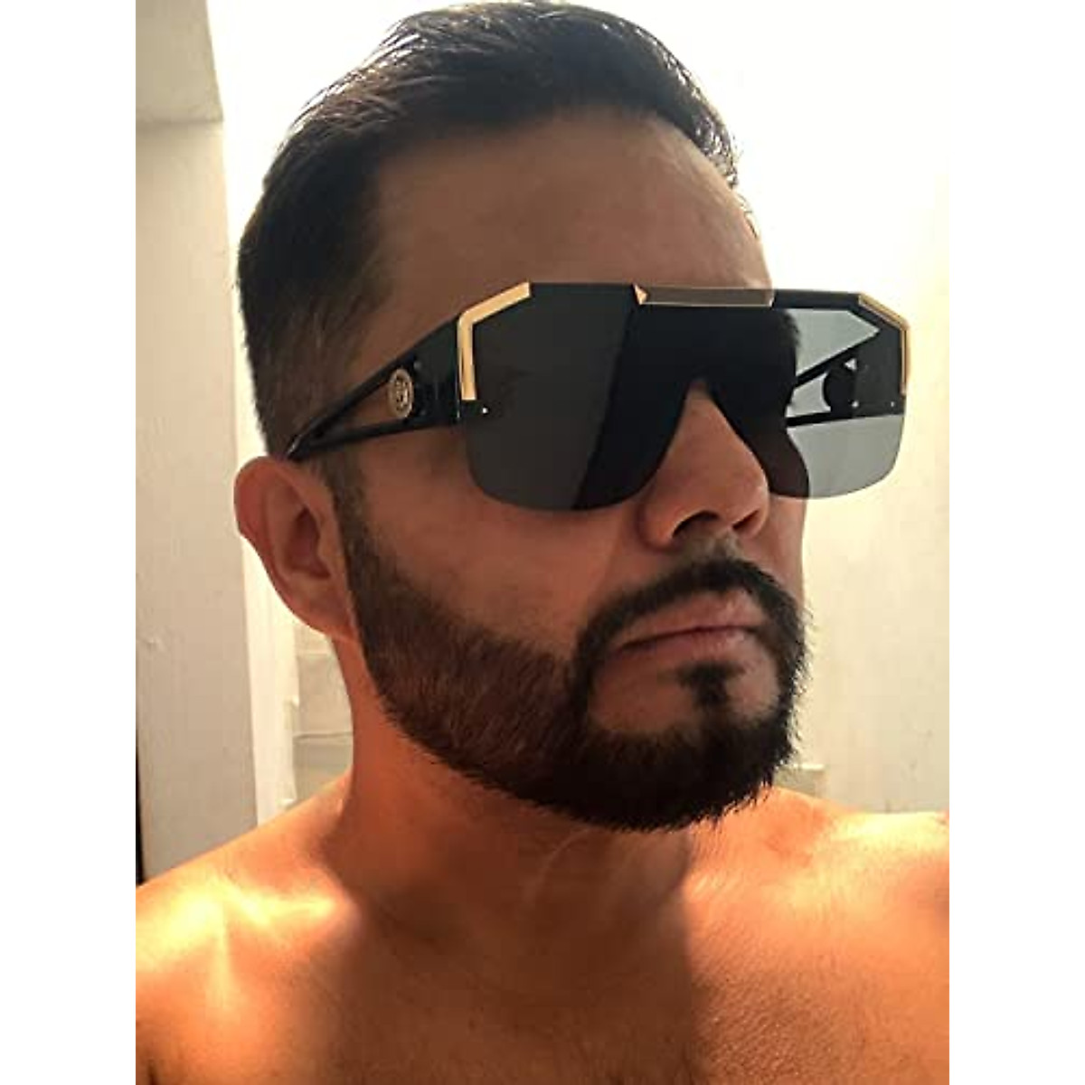 AIEYEZO Square Oversized Sunglasses Flat Top Shield Sun Glasses for Men Women One Lens Square Shades (Black/Grey)