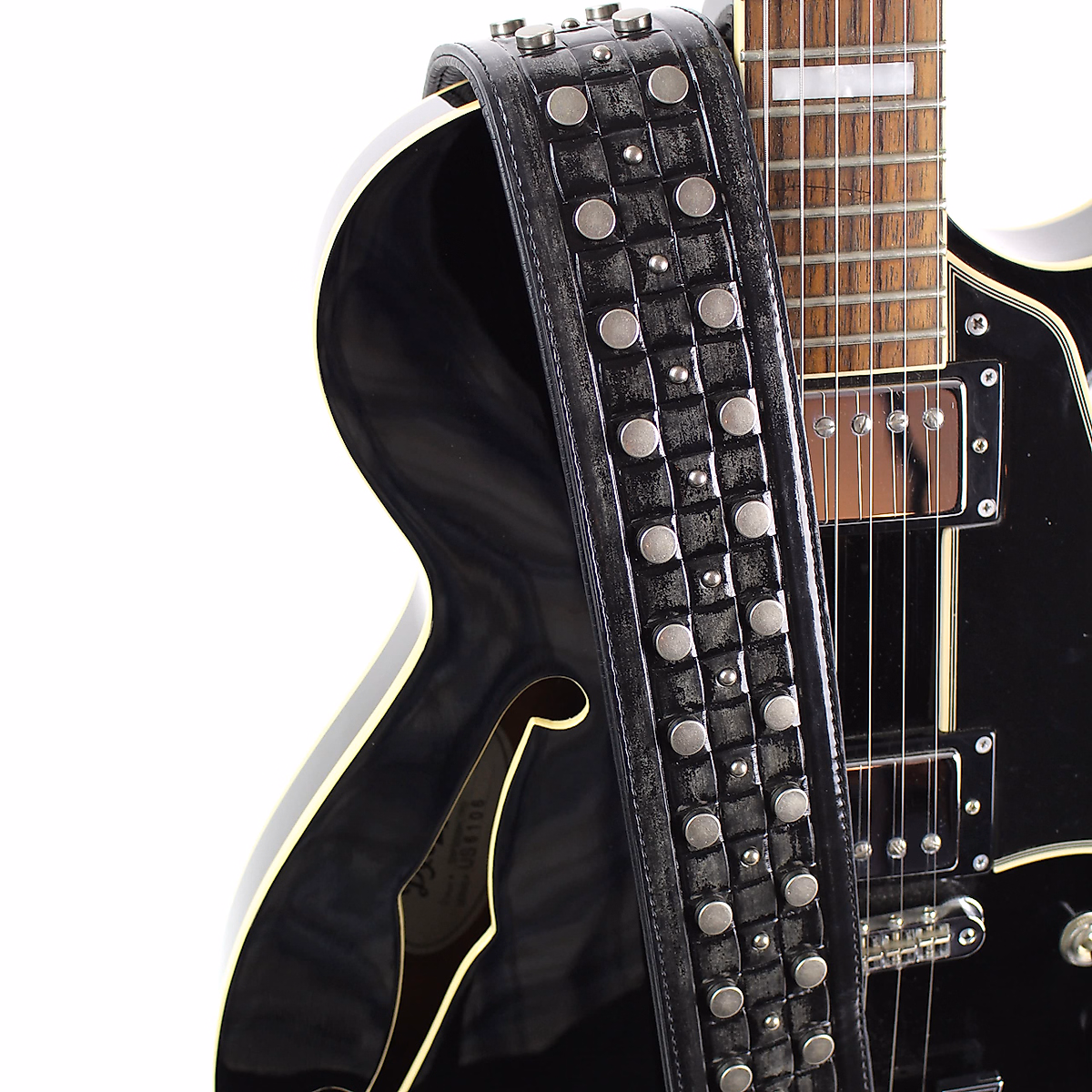 Walker & Williams DLX-215 Antiqued Black Finish Padded Guitar Strap with Metal Studs For Acoustic, Electric, And Bass Guitars