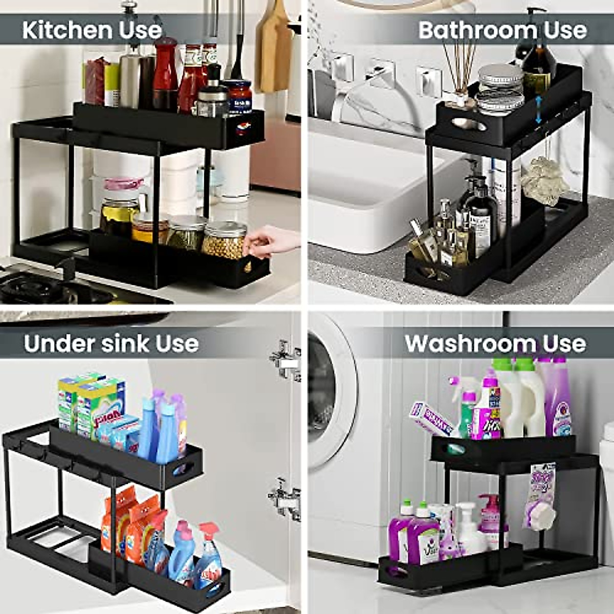 HOMEELLO Under Sink Organizers and Storage Bathroom, 2 Tier Double Sliding Under Cabinet Organizer with 4 Hooks, 1 Hanging Cup, A Complete Bathroom Organizer Under Sink