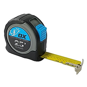 OX Tools OX-P029225 25 Ft Tape Measure, 1-1/16 inch wide tape, Abs Case With Rugged Over Mold, Ox grip horn hook, Double sided tape printing, Inch fractional markings