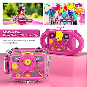 Ourlife Kids Underwater Camera, Selfie Waterproof Cameras Toys for Girls, 1080P 2.4'' Large Screen Cam with 8GB TF Card, Silicone Handle, Fill Light, Christmas Birthday Gift for Girls (Pink)