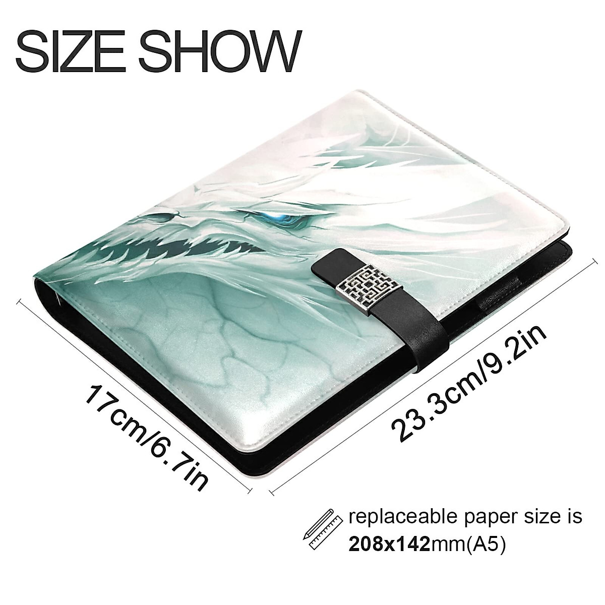 White Ice Dragon in White Stone Digital Painting Ripped Pattern Refillable Journal Writing Notebook, PU Leather Hardcover Diary Note Book, Planner A5 Ruled Notepad for Agenda with Pen Holder