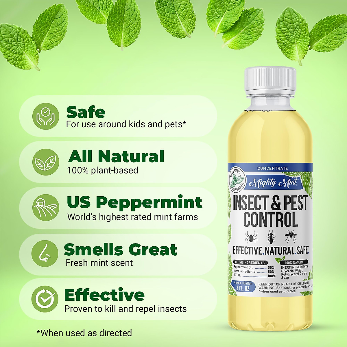 Mighty Mint Insect & Pest Control Peppermint Concentrate 8 oz - Makes 1 Gallon - Plant-Based Formula Kills and Prevents Spiders, Ants, Flying Insects, and More