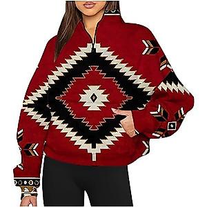 JDHUFEI Classroom Deals Womens Half Zip Hoodies Oversized Sweatshirt Loose Fit Western Ethnic Print Pullover Long Sleeve Tops with Pockets