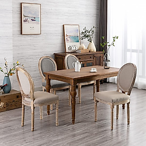 chairus Farmhouse Dining Chairs Set of 6, French Country Dining Room Chairs Vintage Fabric Upholstered Chair with Round Back Natural Wood Legs, Beige 6 PCS