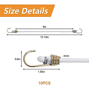 Morobor White Elastic Rope Rubber Strap, 10pcs Mini Bungee Cords with Metal Hooks, Rubber Stretchy Bungee Cords with Hooks for for Bikes, Wire Racks, Tents and Hand Carts etc