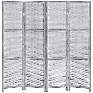 MyGift Privacy Screen, 4-Panel 6ft Vintage Gray Wood & Whitewashed Woven Bamboo Room Divider Screen