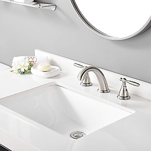 Phiestina 8 Inch 3 Holes Brushed Nickel Low Arc Widespread Bathroom Sink Faucet, 2 Handles Bathroom Faucet with Stainless Steel Pop Up Drain, WF008-4-BN